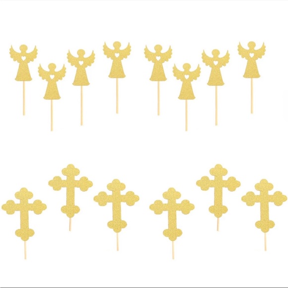 Party Supplies | 24pcs Cross And Angel Golden Gold Shaped Cupcake ...